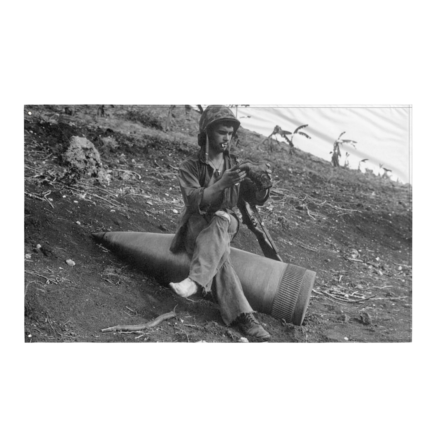Marine Sitting on Unexploded Naval Shell at Saipan USMC WW2 Flag